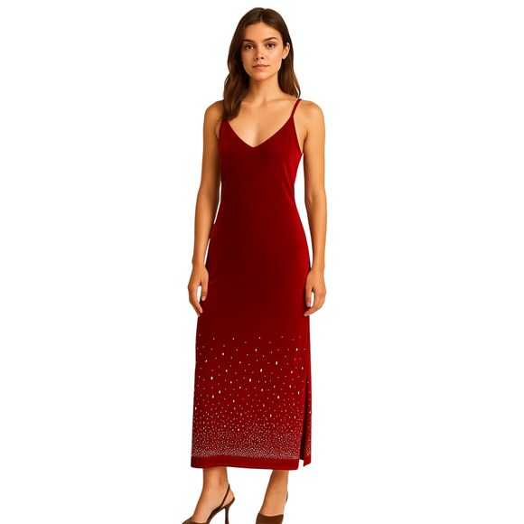 pia | Dresses | Vintage 9s Pia Red Velvet Maxi Slip Dress Sparkle Dip ...
